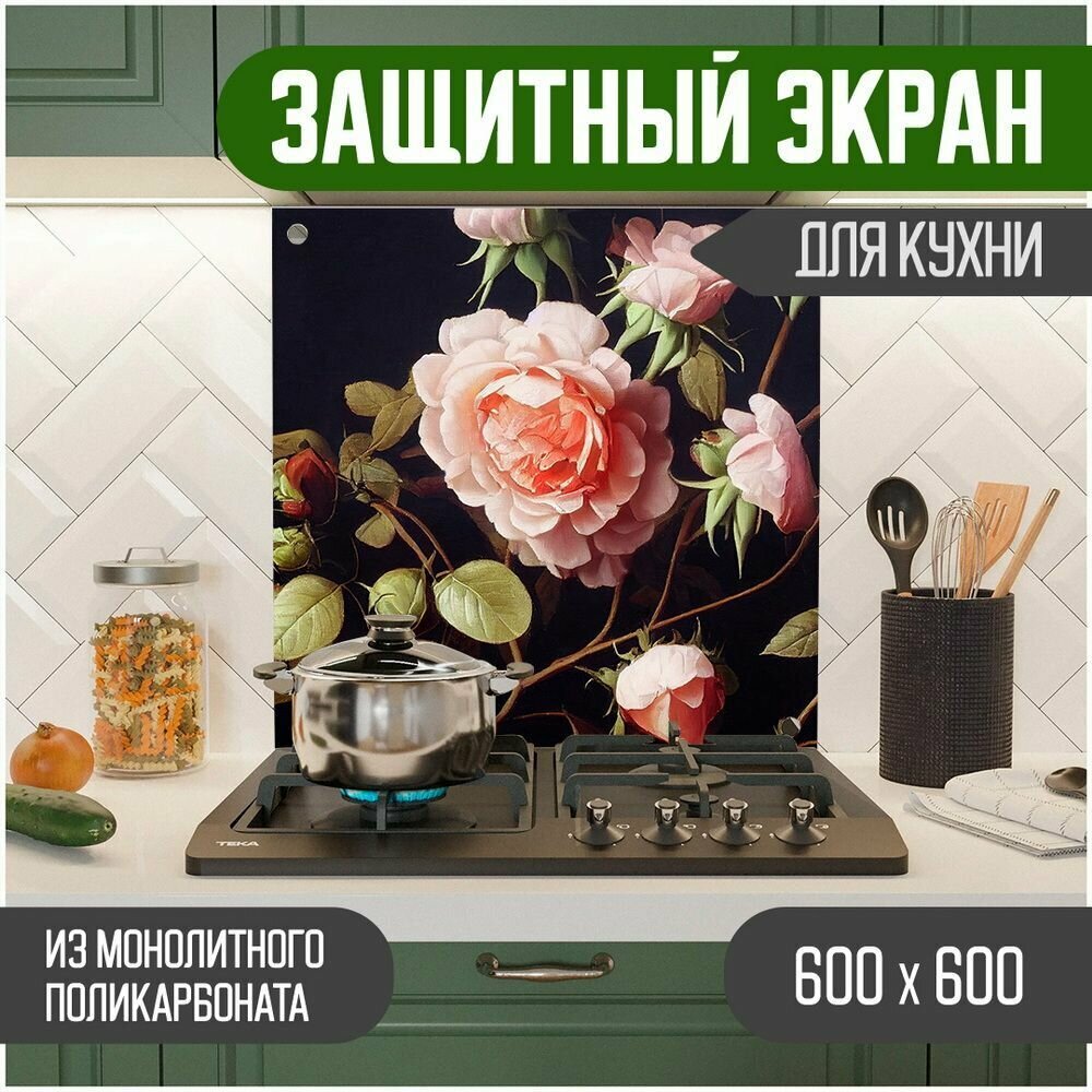 Защитный экран из акрилового стекла (поликарбонат) на кухонный фартук в зону мойки и плиты с фотопечатью. Панель на стену с рисунком Цветы 600 х 600 х 3 мм, 600-052