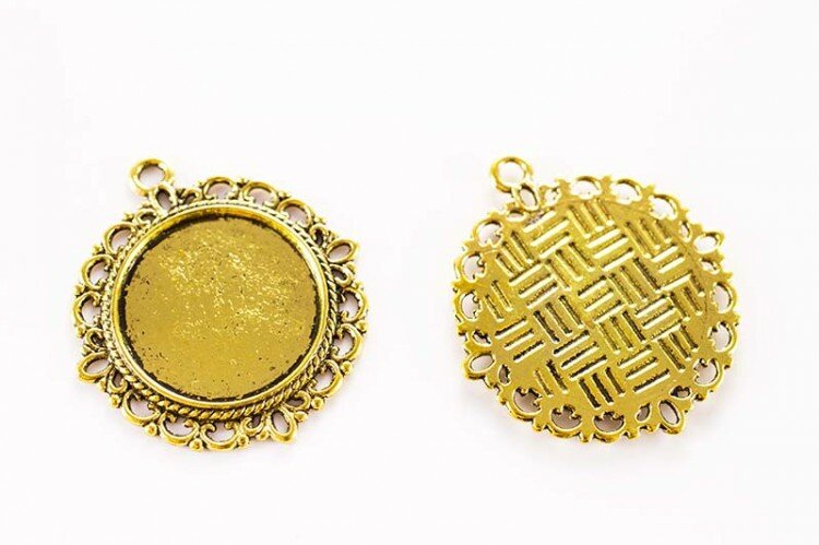 Основа кулона под кабошон Круглая 35х32х2мм, размер кабошона 20мм, отверстие 2мм, цвет античное золото, сплав металлов, 20-006, 1шт