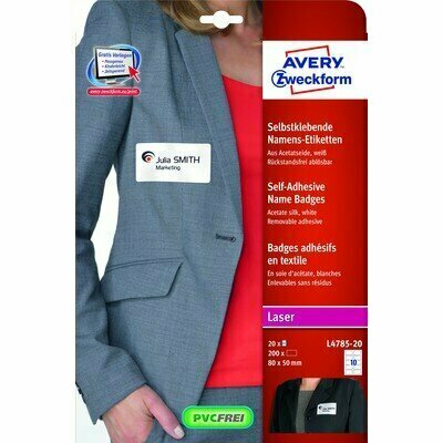 Бейджи самоклеящиеся Avery Zweckform белые 80х50 мм (10 штук на листе A4, 20 листов в упаковке, артикул производителя L4785-20), 230142