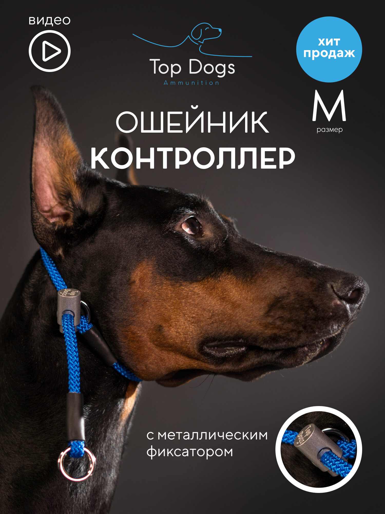 Ошейник-контроллер Top Dogs, для собак, металлический фиксатор, M, синий, 8мм