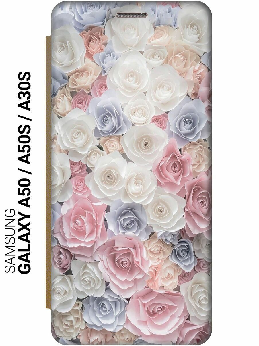 Чехол-книжка на Samsung Galaxy A50, A50s, A30s, Самсунг А50, А30с, А50с c принтом "Пастельные розы" золотистый