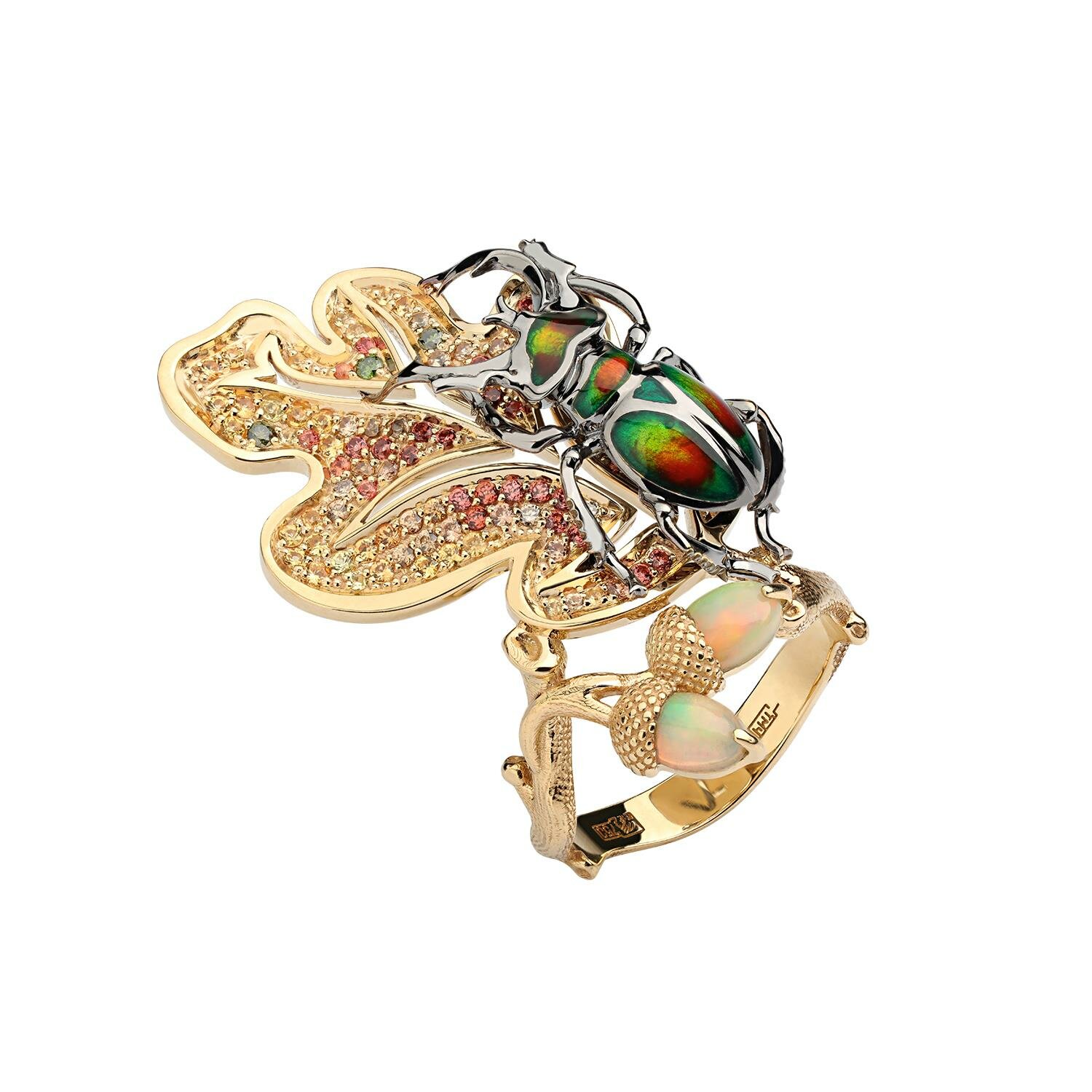 Кольцо, желтое золото, 750 проба, бриллиант, эмаль, опал, сапфир