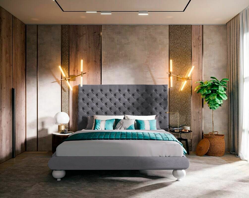 Двуспальная кровать 160x200, Grande Letto, с мягким изголовьем, с ящиком, велюр, серый