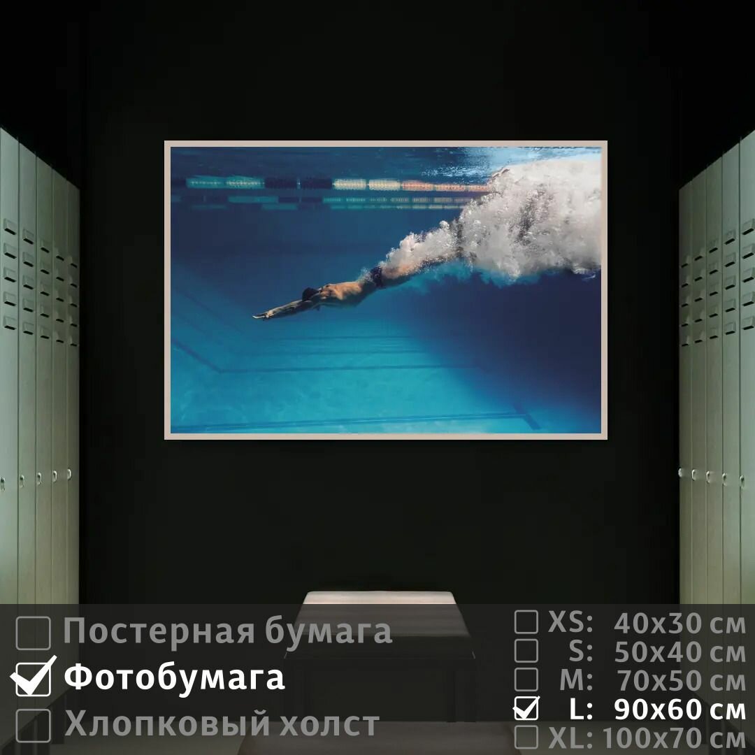 Постер на фотобумаге Пловец Плавает Под Водой В Бассейне 90х60 см ПолиЦентр