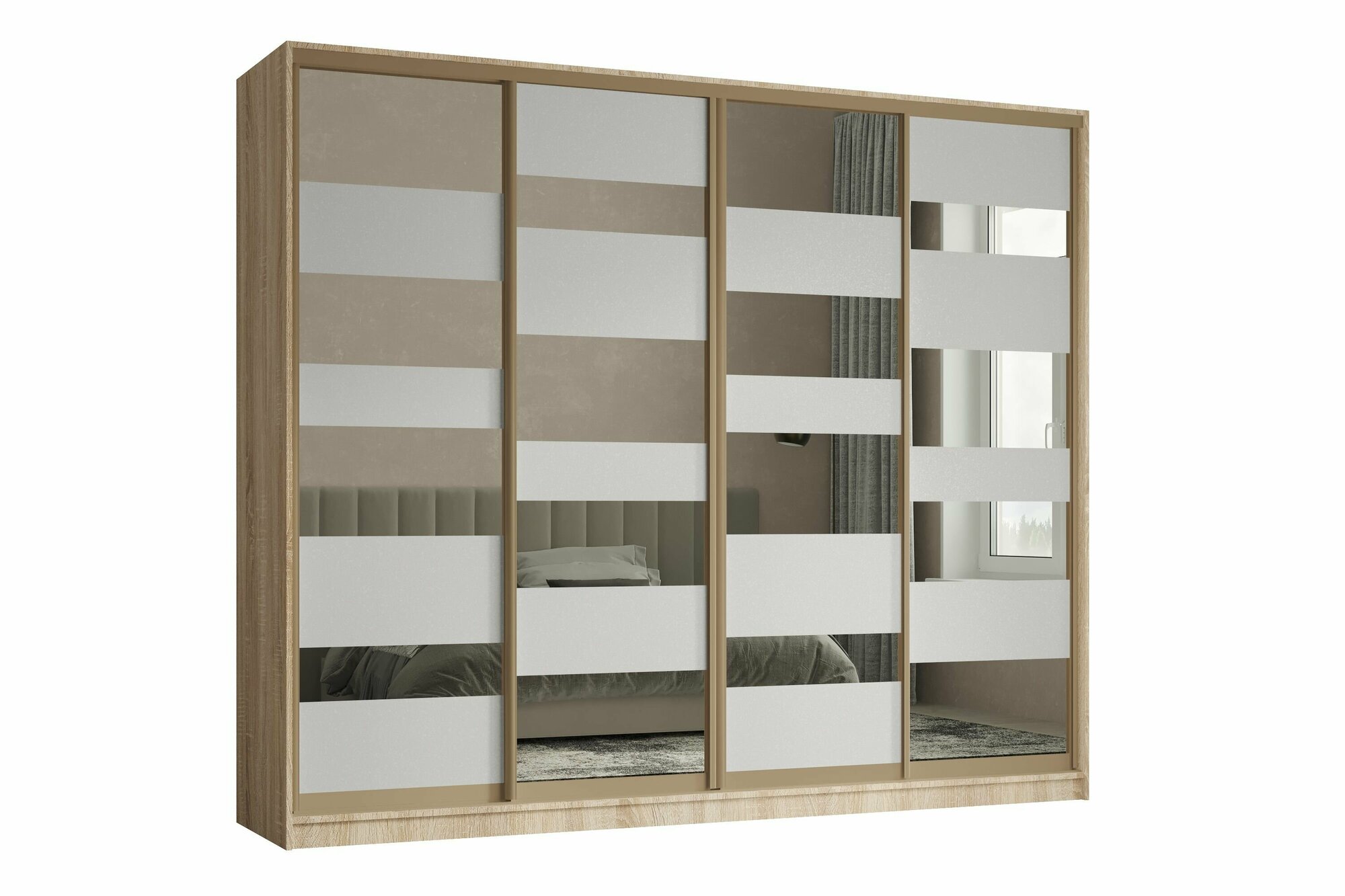 Шкаф купе, для одежды Дарден 4, Легкомаркет, с зеркалом серебро и пескоструйным рисунком, 200х60х220, белье/платье/платье, дуб сонома, профиль шампань