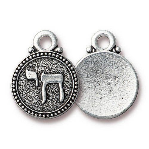 Подвеска, 19х15х2мм, TierraCast, медальон с символом Chai, базовый материал - оловянный сплав, посеребрённый с чернением, 1 шт.