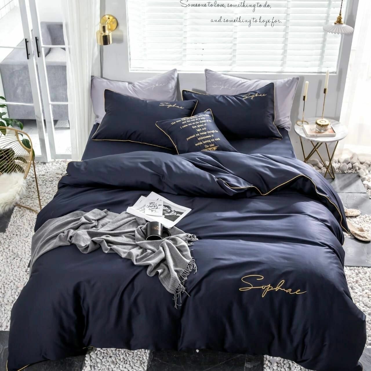 Постельное белье евростандарт двуспальное/евро Сатин Mency Жатка/ пододеяльник 200x220/простыня 220x240/ Наволочки 50x70-2шт 70x70-2шт, Цвет Темно-синий