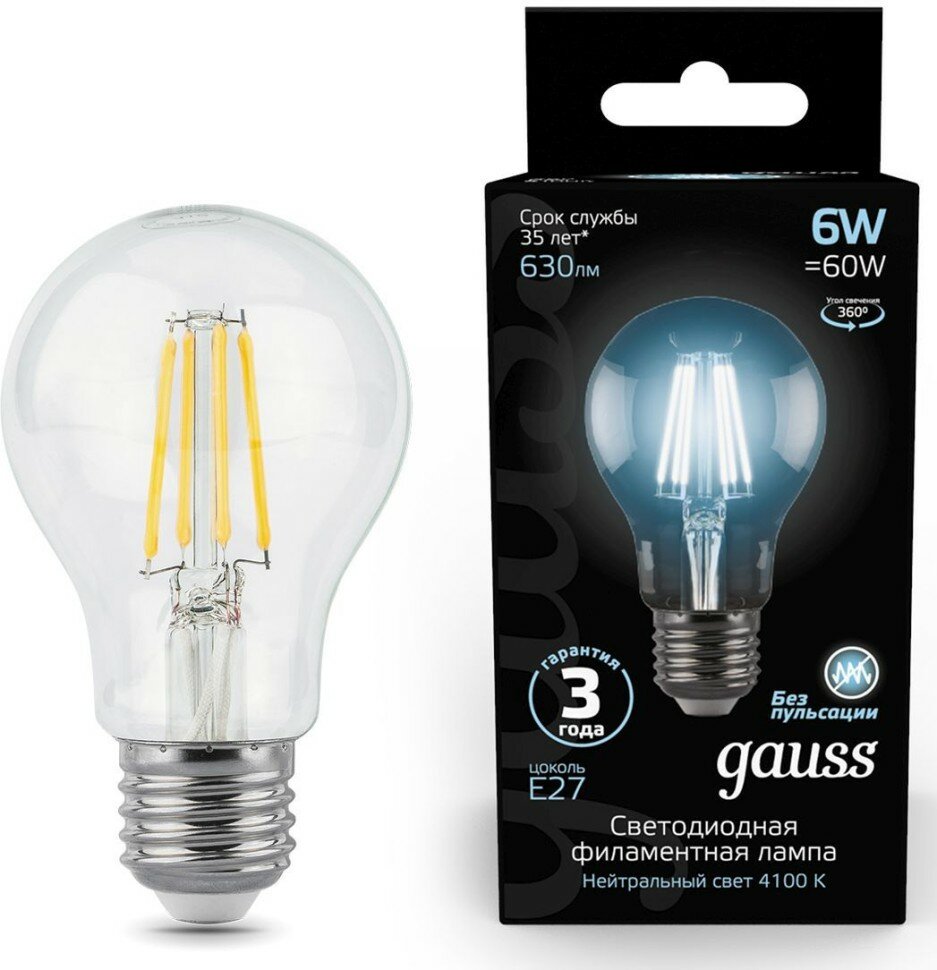 Лампа филам. Gauss Filament A60 6Вт цок: E27 груша 220B 4100K св. свеч. бел. нейт. (упак:1шт) (102802206)
