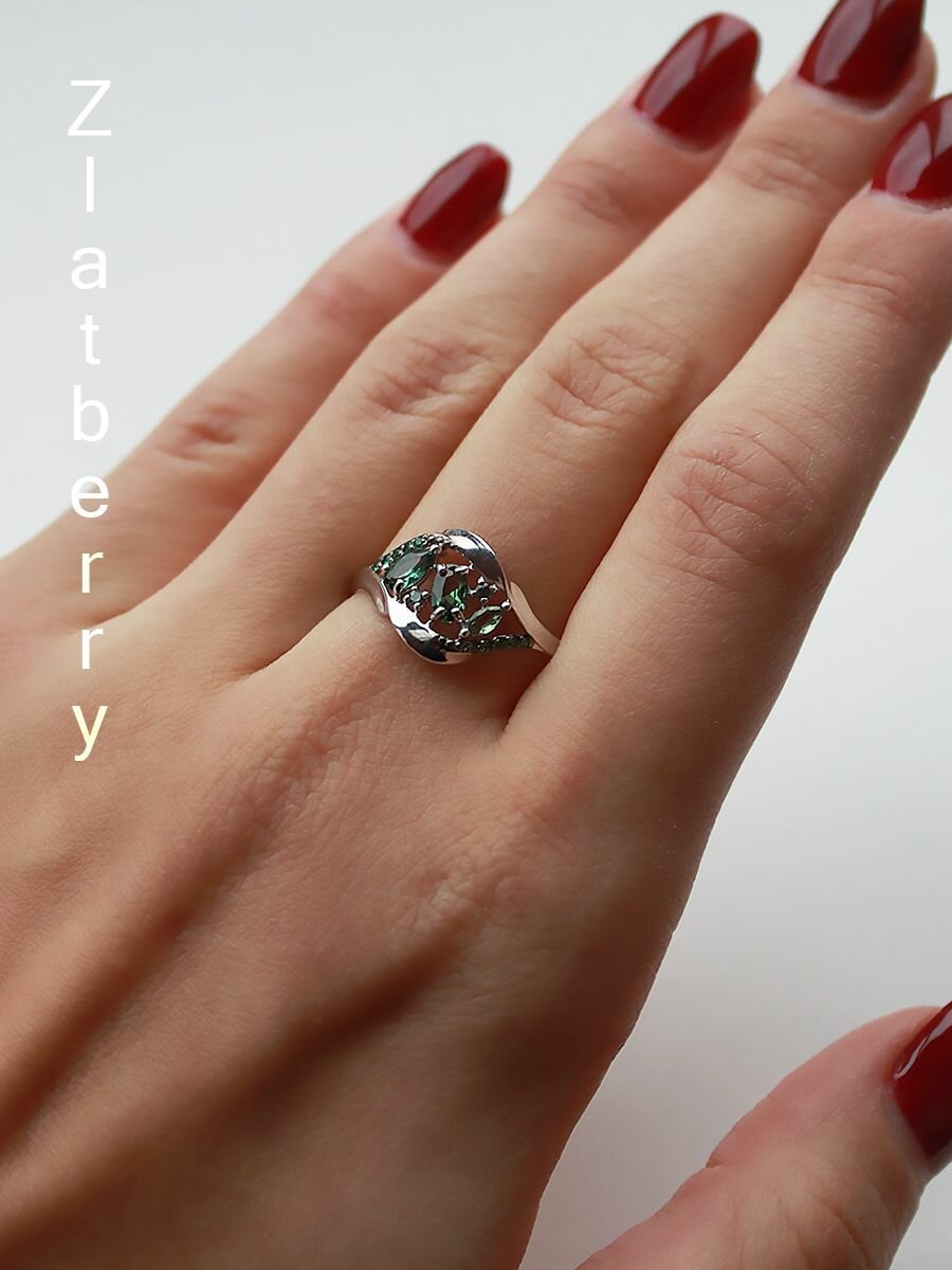 Кольцо тонкое, серебро, 925 проба, фианит, турмалин синтетический