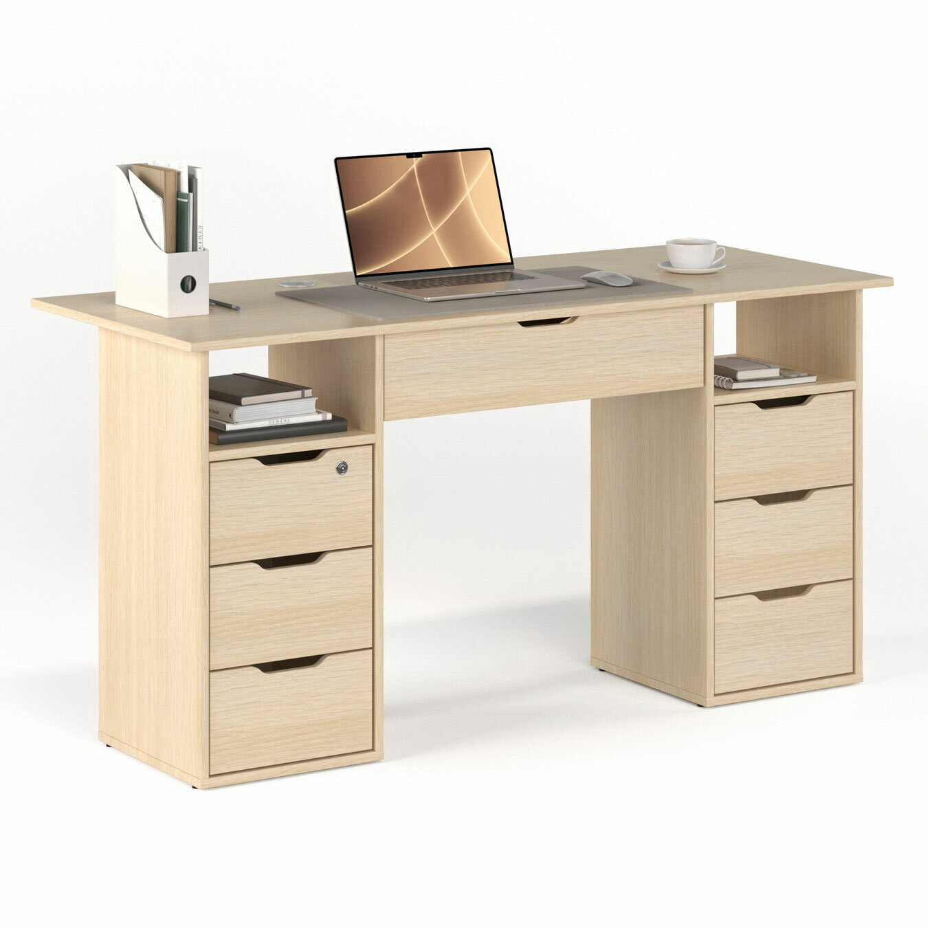 Двухтумбовый письменный стол с 6 узкими и 1 широким ящиком 146х60 см МагМебель №73Я дуб молочный