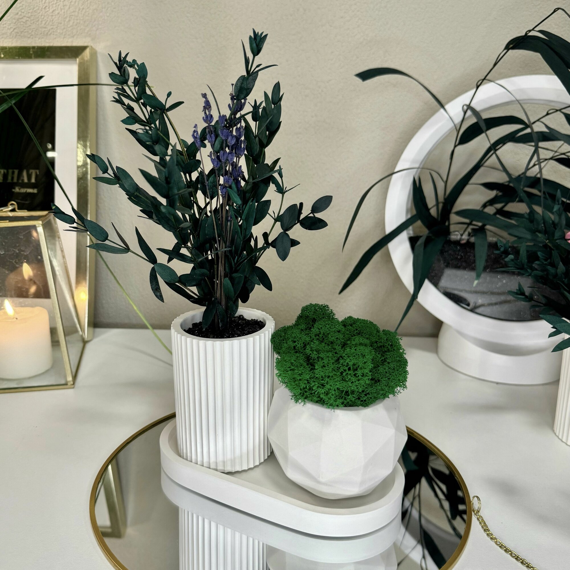 Набор кашпо из гипса с искусственными стабилизированными растениями на поддоне сухоцветы в горшках для декора на стол Molecula Decor