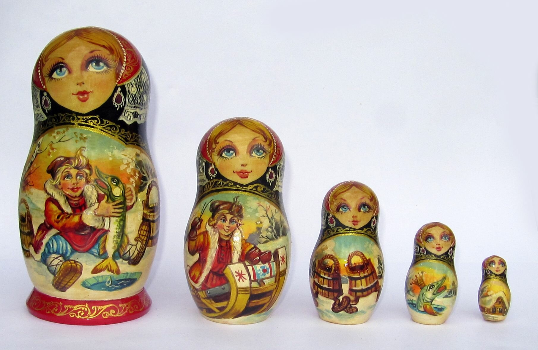 Матрёшка, высота18 см - 5 мест. Русские народные сказки "ПО щучьему велению". Авторская работа, Россия.