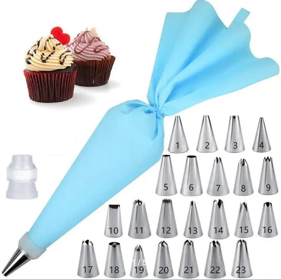 Набор насадок для кондитерского мешка 23 шт + многоразовый силиконовый кондитерский мешок 35 см