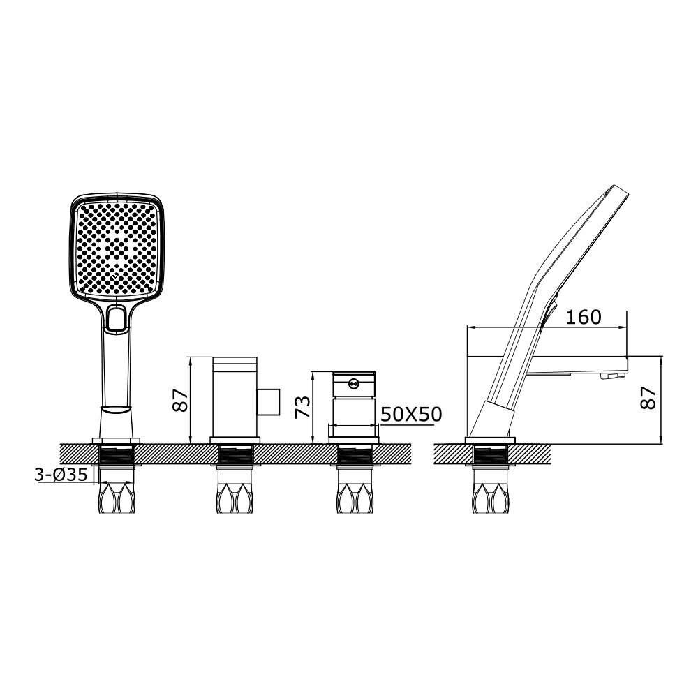 Смеситель на борт ванны врезной на 3 отверстия, хром ViEiR V393532