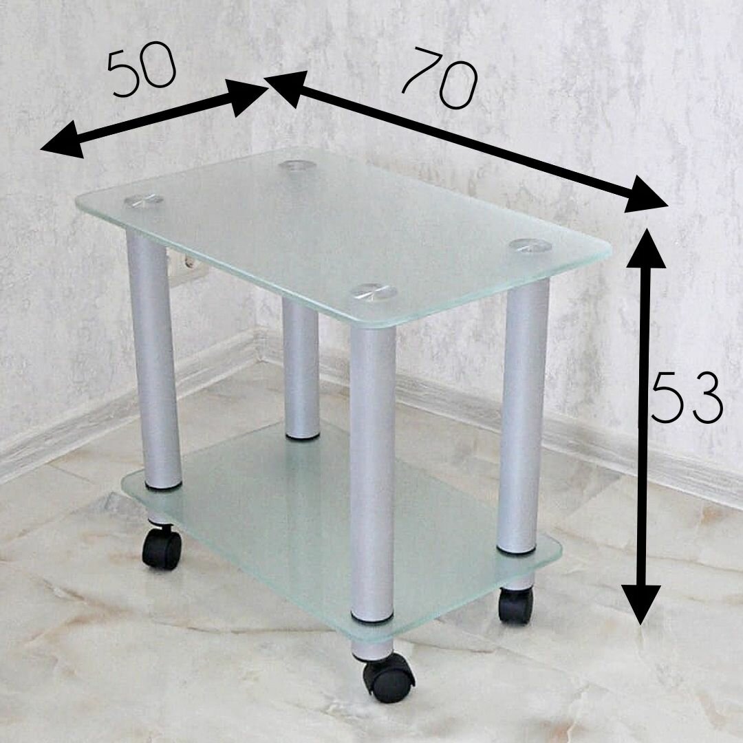 Стеклянный журнальный столик с полочкой на колёсиках ЖС-15 стеклянный столик чайный, кофейный, прикроватный, для гостиной и офиса закалённое матовое 8мм стекло, ножки металлические матовые