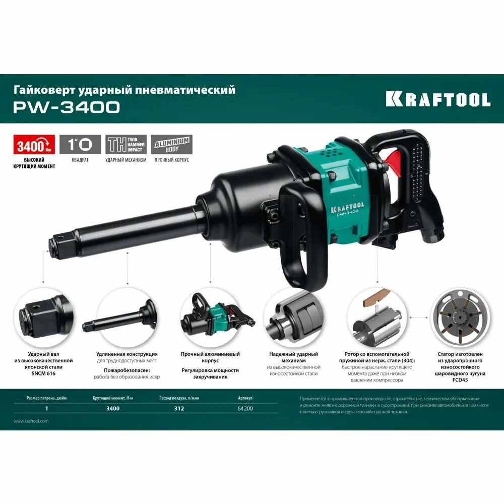 Гайковерт пневматический Kraftool PW-3400, 3400 Нм
