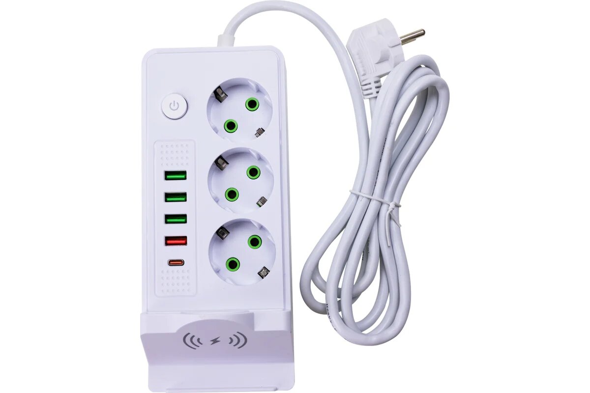 Сетевой фильтр TENDENZA 3 розетки, 3 USB + 1 USB быстрая заряд,1 Type-C, беспр. зарядкой TZ-SP004