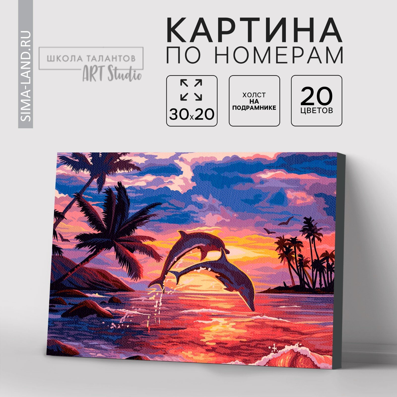 Картина по номерам "Игра дельфинов", холст, с подрамником, 20x30