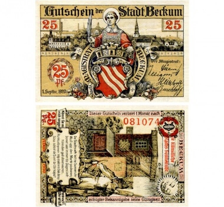 Нотгельд 25 пфеннигов 1920 Германия, Беккум, сувенирная копия, банкноты и купюры редкие коллекционные