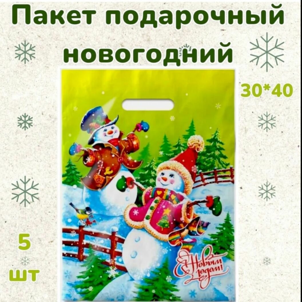 Пакет подарочный новогодний "Веселье", с вырубной ручкой, 40 х 30 см, 30 мкм, 5 шт.
