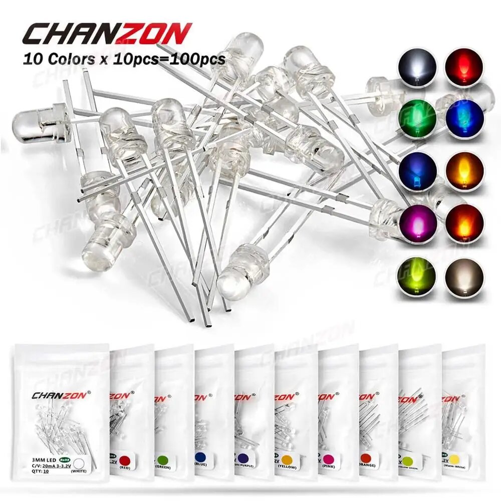 100 шт. разноцветные светодиоды CHANZON 3 мм 100pcs Multicolor