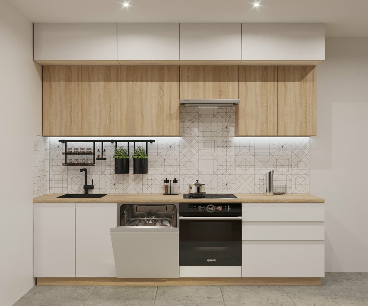 Кухонный гарнитур Лайн Тальк/дуб Сонома, 2800 мм, фасады МДФ