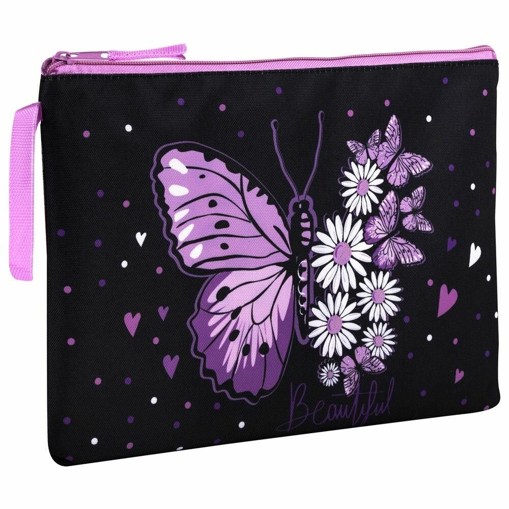 Папка на молнии с ручками Brauberg для тетрадей, "Flower butterfly", А4, 1 отделение, полиэстер, на молнии, с ручкой (271475)