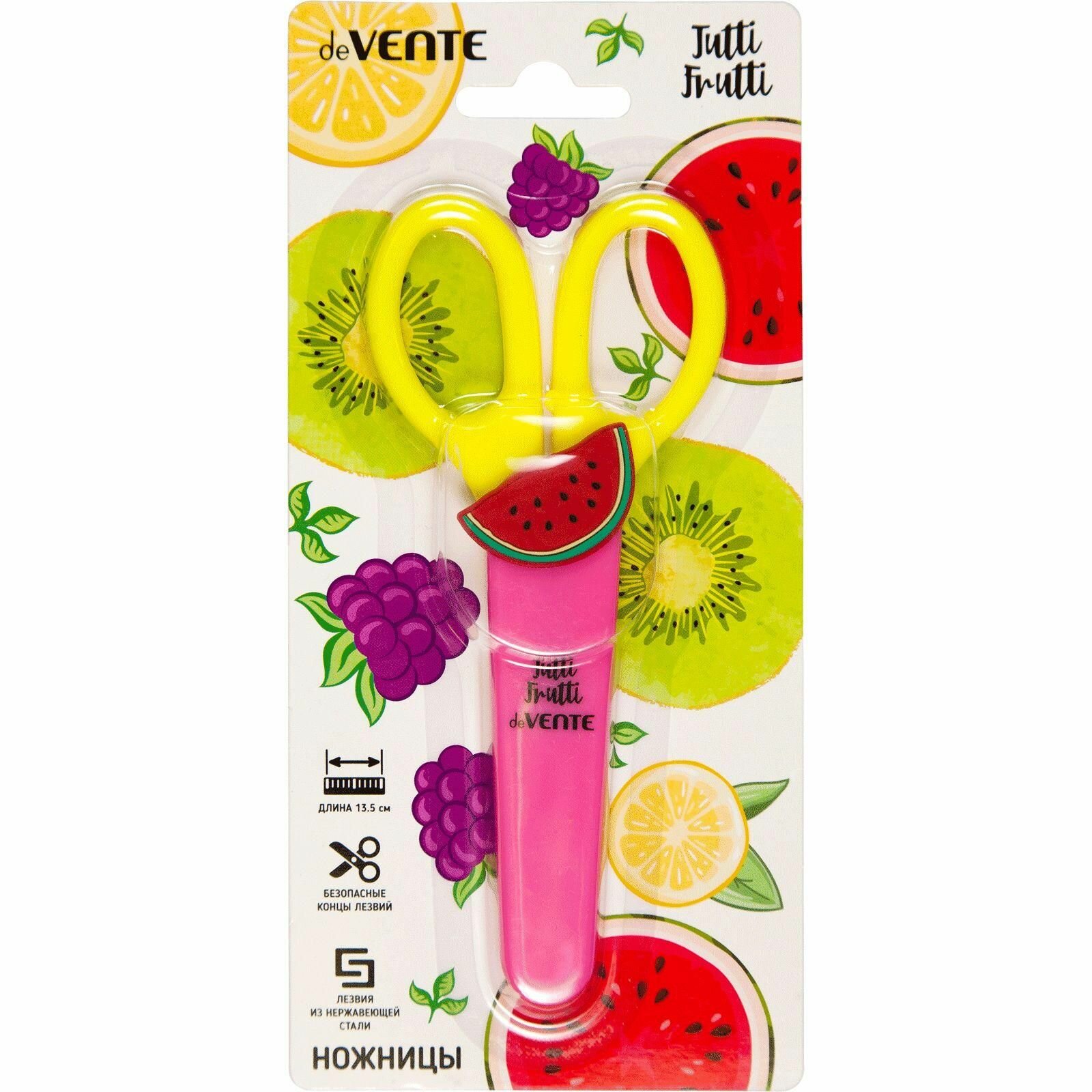 Ножницы deVENTE "Tutti-Frutti", Watermelon, детские, 13,5 см, пластиковые кольца, защитный футляр (8010019)
