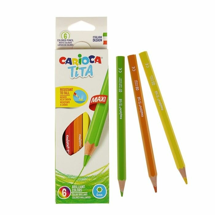 Цветные карандаши Carioca 6 цветов, "Maxi Tita", пластик, шестигранные, грифель 4,0 мм, утолщенные, ударопрочные (42788)