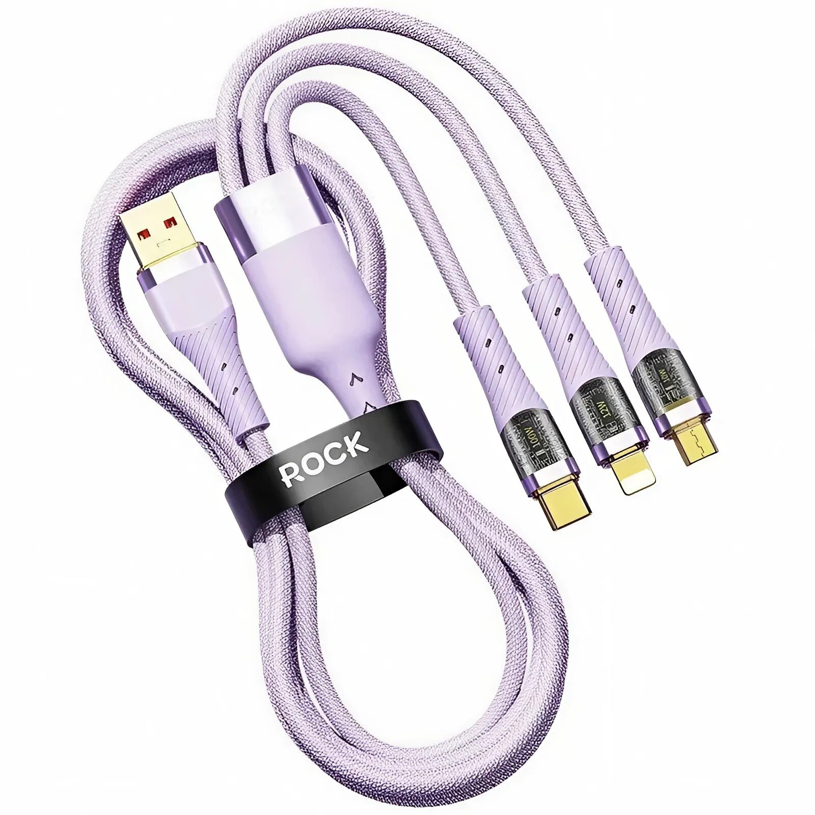 Кабель ROCK 3в1 USB USB Type C microUSB Lightning с быстрой зарядкой 6A 100W прозрачный штекер 150 см. пурпурный