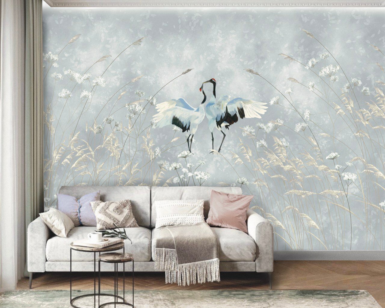 Фреска бесшовная "Журавли" светло-серый (ширина 2550мм х длина 4500мм)
