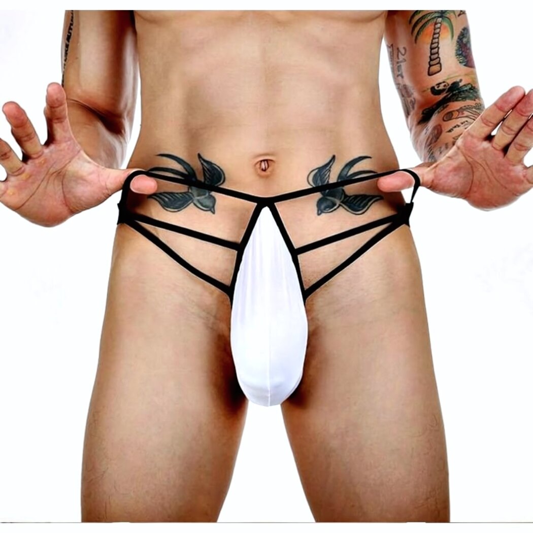 Белые трусы-стринги XL на тонких черных бретелях, сексуальный дизайн