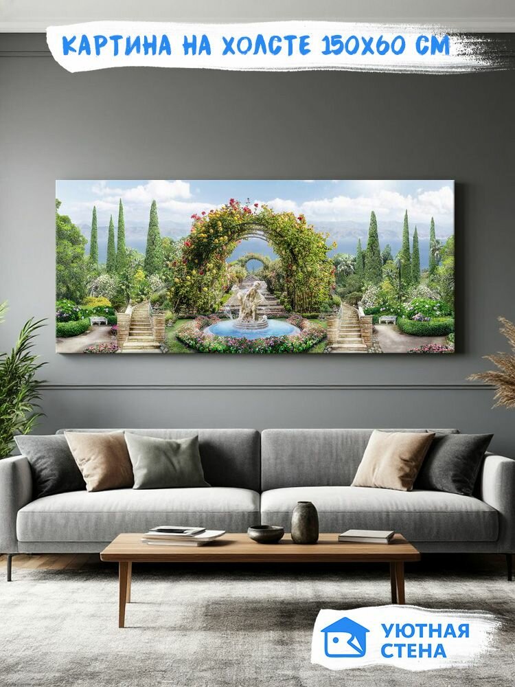 Картина на натуральном холсте Уютная стена "Цветущие арки в саду" 150х60 см