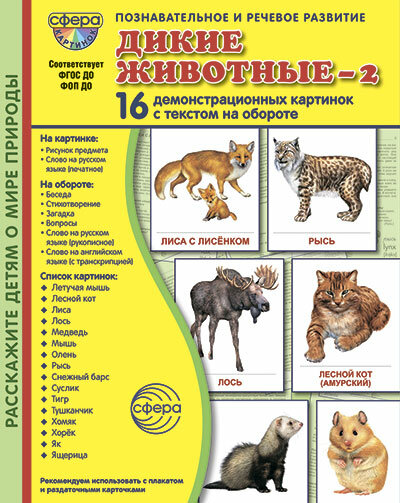 Демонстрационные карточки Дикие животные-2. 16 демонстрационных картинок с текстом В папке 173х220 мм 2025 года