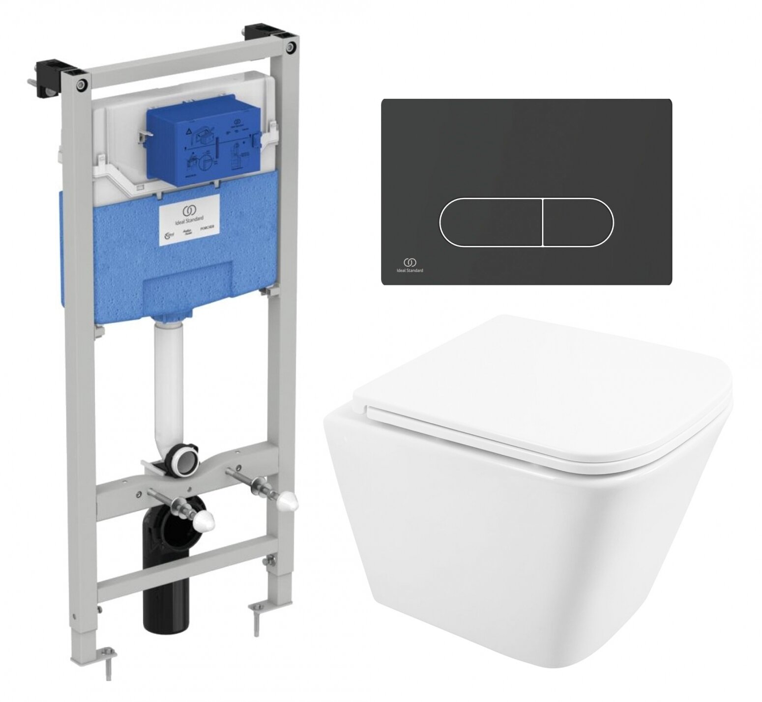 Комплект 3 в 1 инсталляция Ideal Standard + Унитаз подвесной BelBagno Due BB3103CHR/SC + кнопка черная