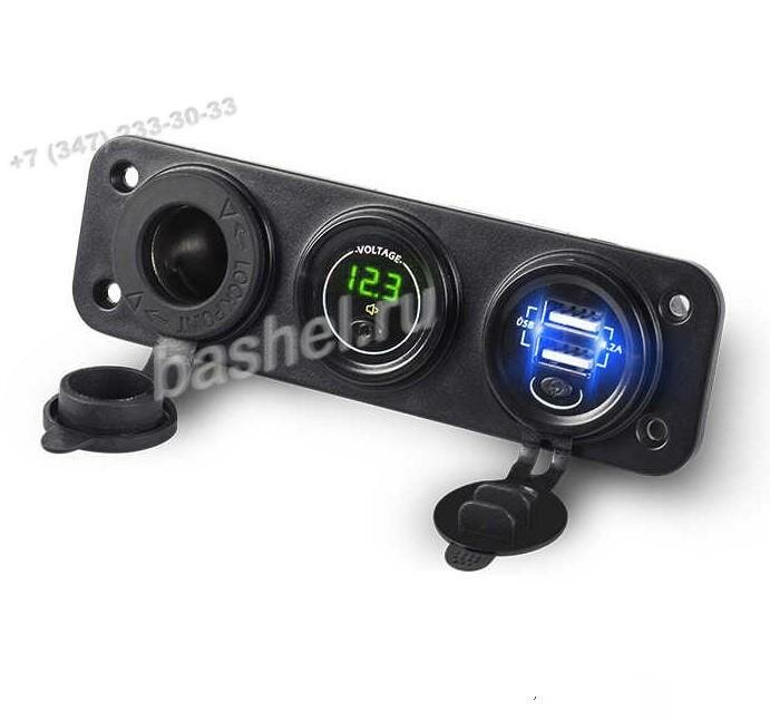 Модуль питания USB (12-24В, 2100 мА) + вольтметр (12-24В) +гн. прикур. с рамкой TS-CAU48, зелёный