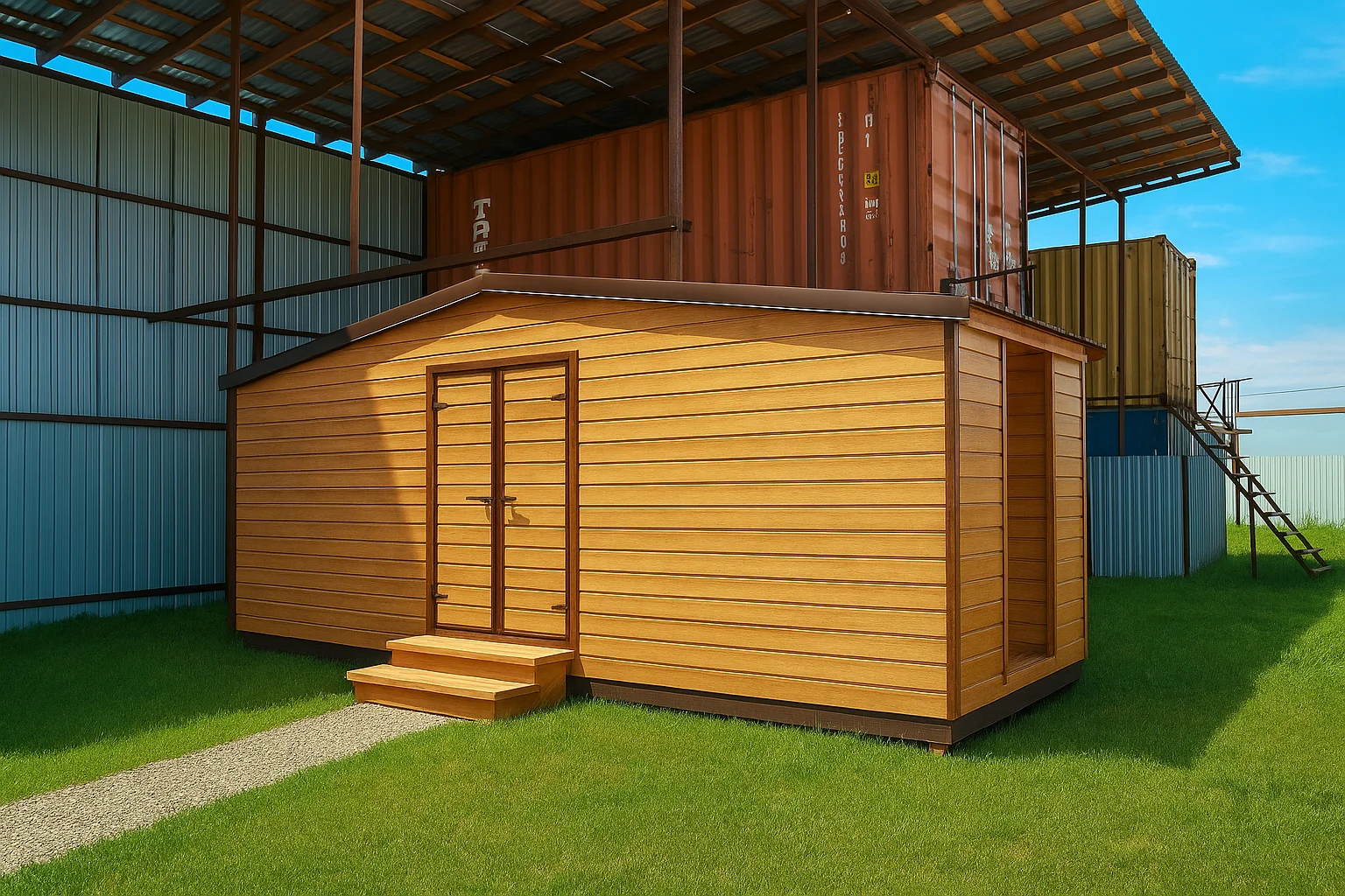 Бытовка красивая с дровником, распашные двери, покраска, ступени, блоки