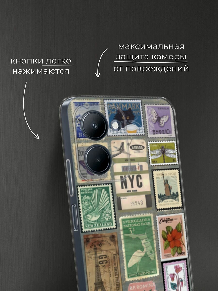 Силиконовый чехол на Realme C33 / Реалми С33 с принтом Коллаж из марок — фото 1