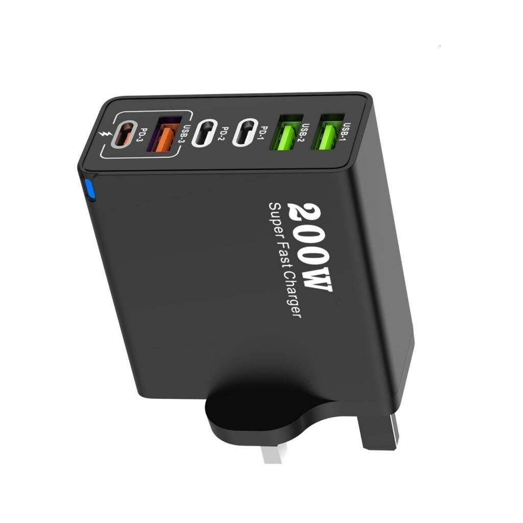 USB-зарядное устройство 200 Вт с 6 портами, Черный - UK