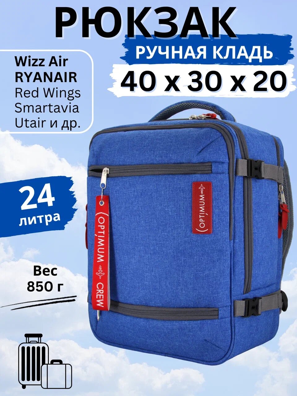 Рюкзак сумка дорожная ручная кладь 40х30х20 Смартавиа ЮТэйр Wizz Air, голубой
