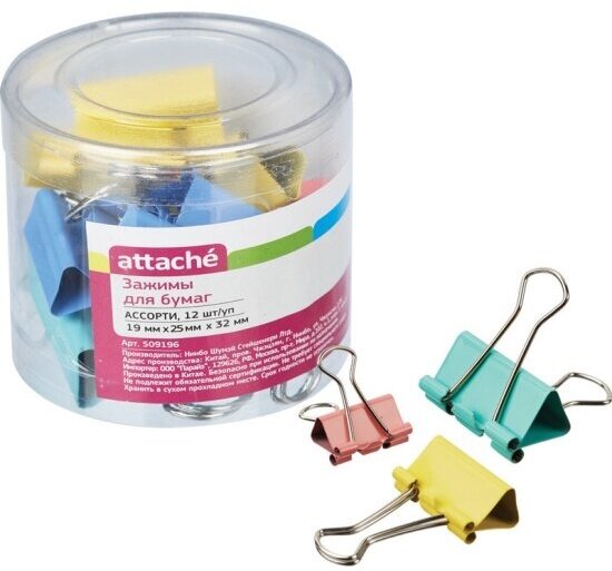 Зажимы для бумаг Attache ассорти цветн (19мм,25мм,32мм), 12шт/уп , пласт. бок