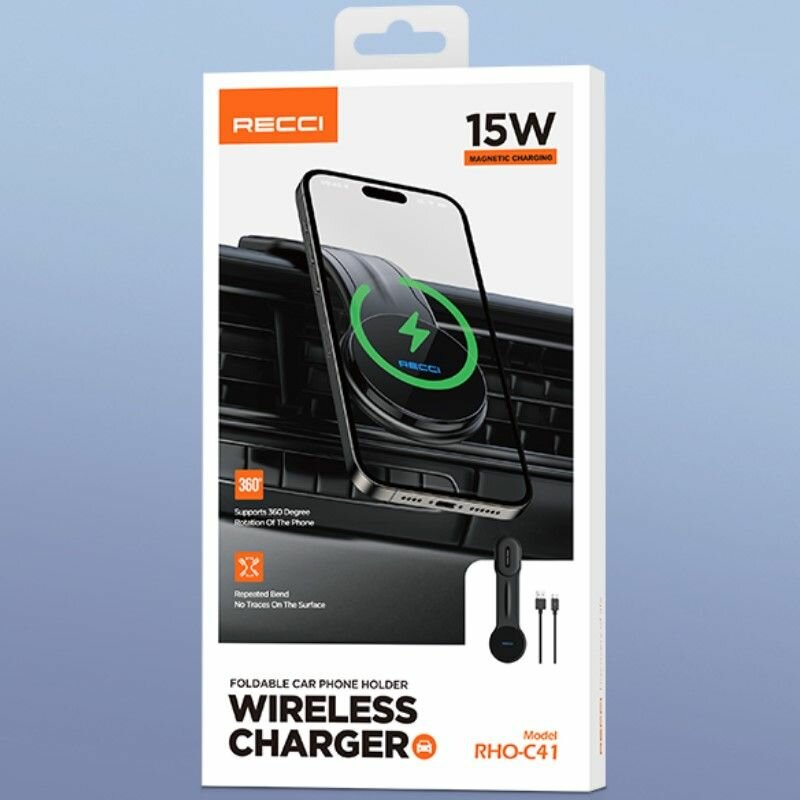 Автомобильный держатель с беспроводной зарядкой Recci RHO-C41 для iPhone 12-17/Android, Гибкий, Черный