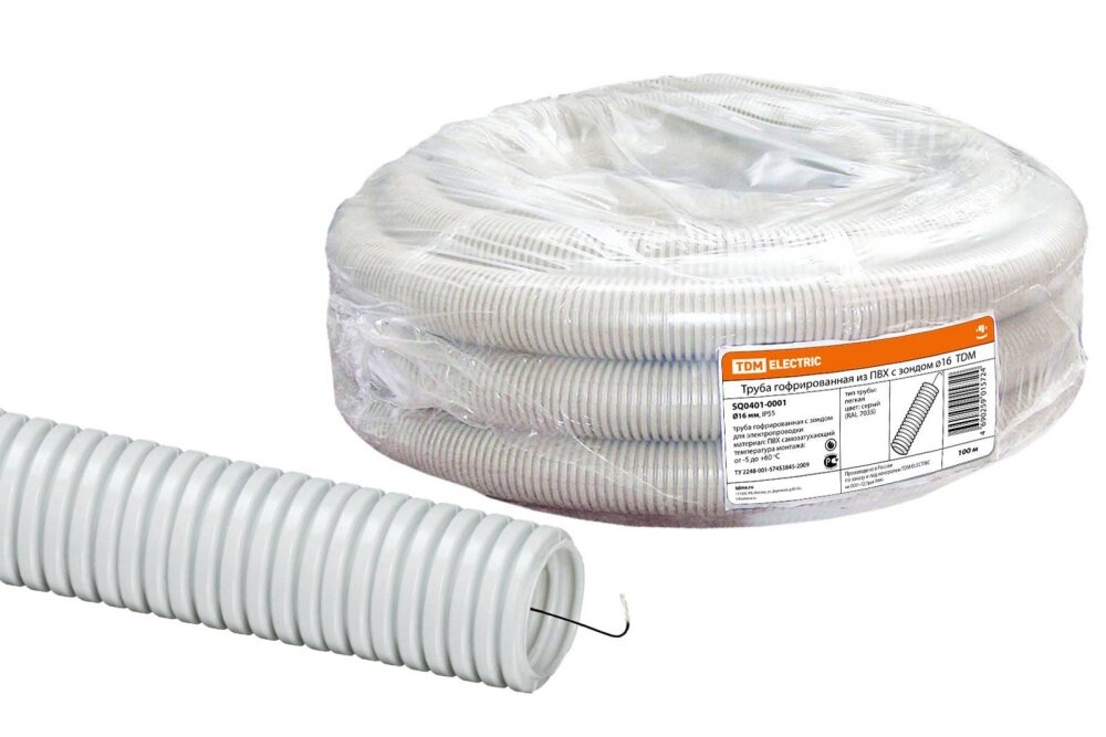 Труба гофр. ПВХ d 16 с зондом (100 м) легкая TDM SQ0401-0001 (Артикул: 4100004209)