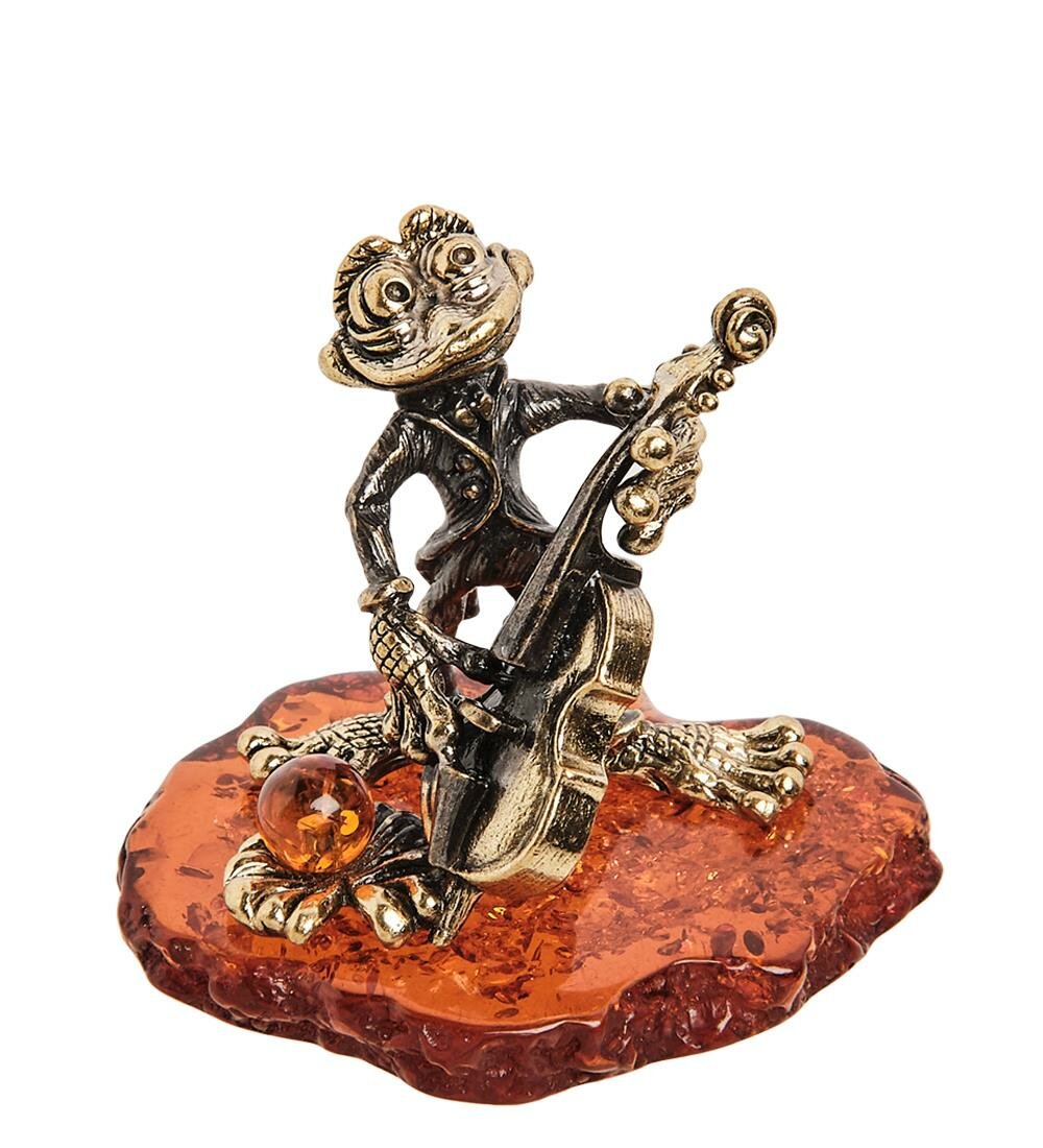 Фигурка Лягушка с контрабасом (латунь, янтарь) A2114821 Народные промыслы, бронзовый