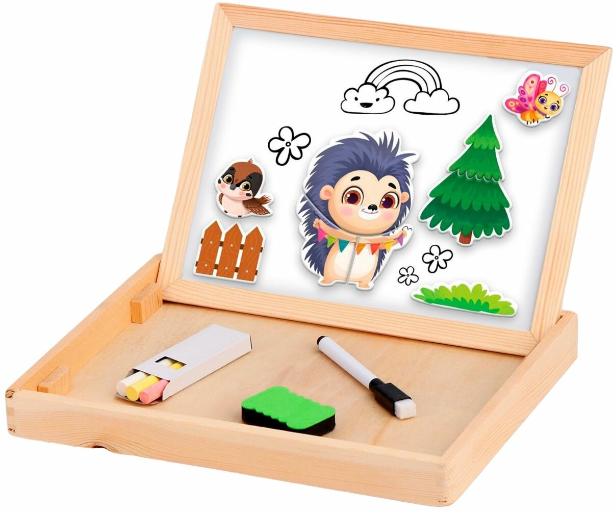 Магнитный конструктор "Животные", для детей, двухсторонняя магнитно-маркерная доска, мел + маркер + губка + фигурные детали в деревянной коробке