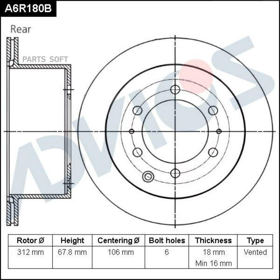 Диск тормозной зад. ADVICS ADVICS A6R180B | цена за 1 шт