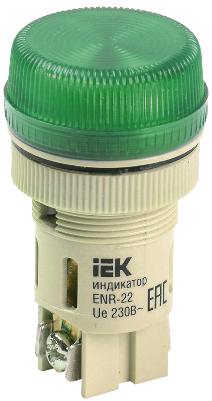 Лампа сигнальная индикаторная IEK / ИЭК ENR-22 светодиодная, с круглой и плоской линзой, зеленое неоновое свечение, длина 52мм, диаметр отверстия 22мм, 240В, IP40 / индикатор