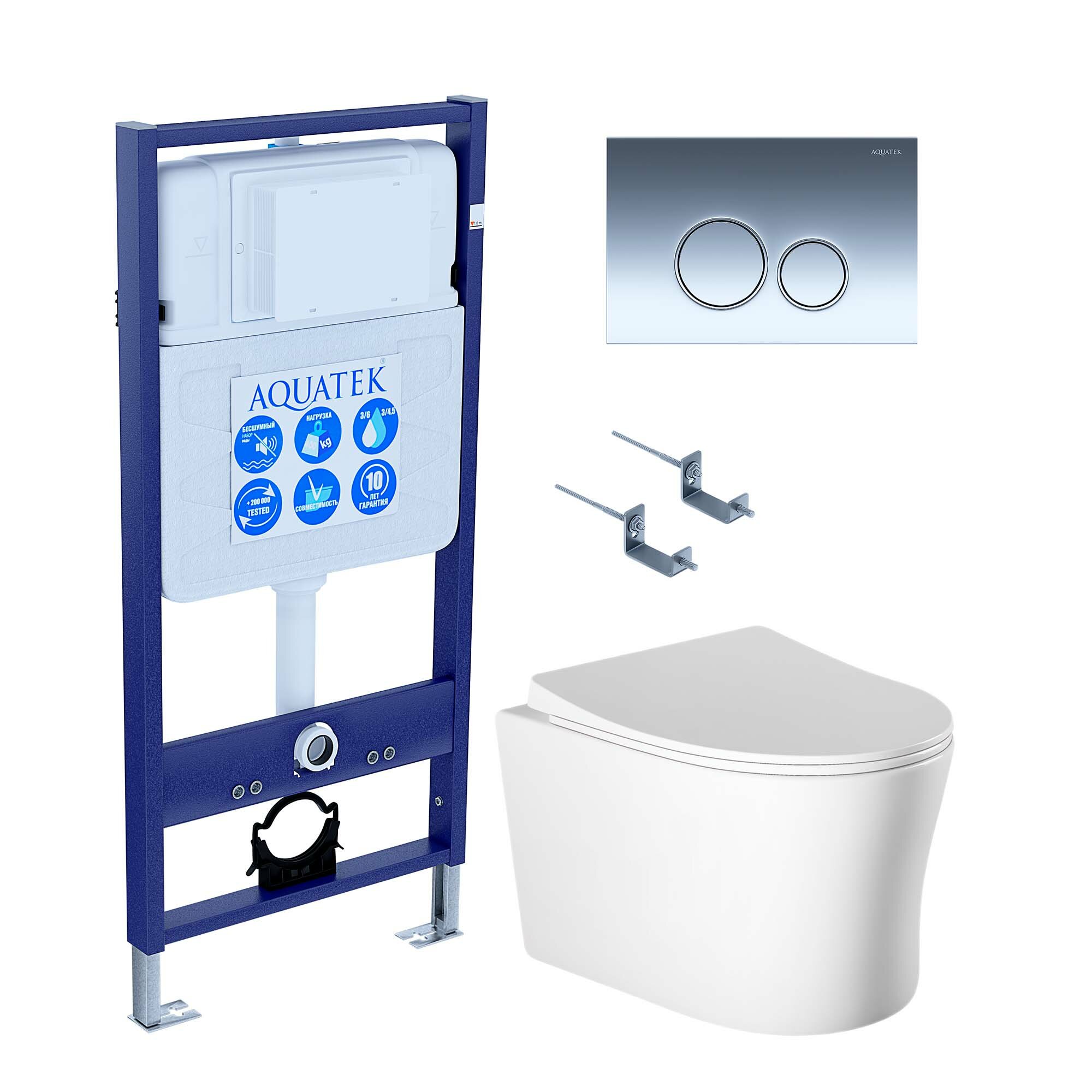 Комплект унитаз подвесной Aquatek Ника SET AQUATEK НИКА-018 4в1 с сиденьем микролифт и инсталляция с клавишей смыва хром глянцевая