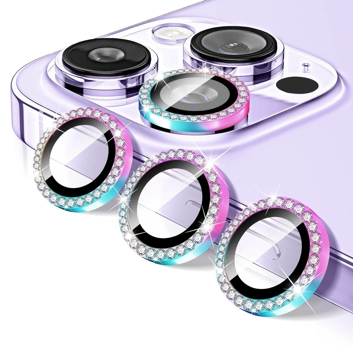 Защитные линзы (стекла) для камер iPhone 15 Pro, 15 Pro Max со стразами, цвет хамелеон