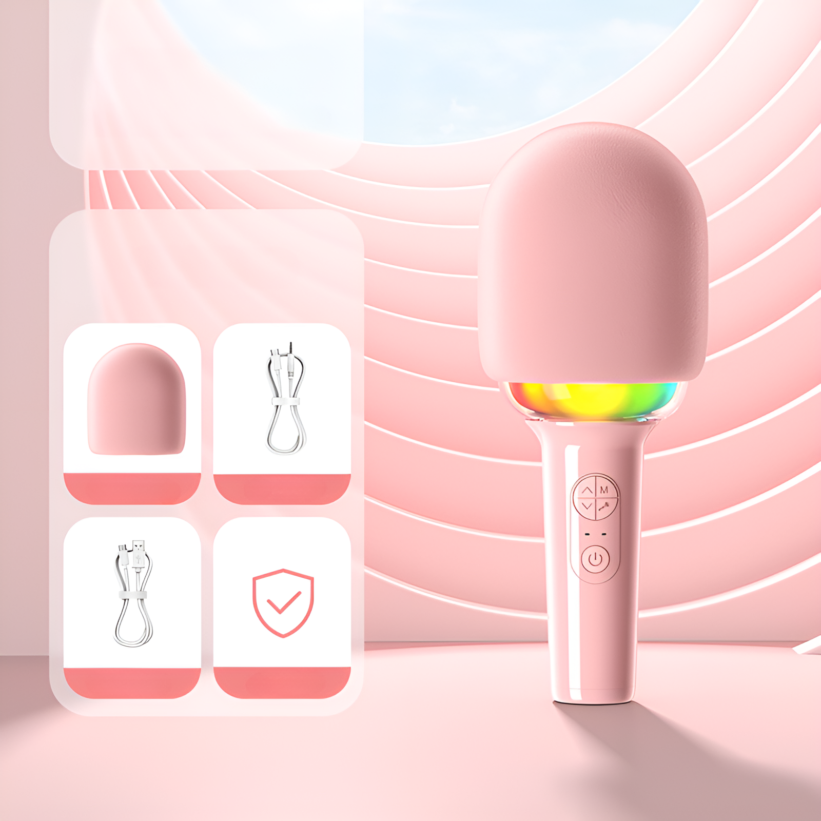 Беспроводной детский караоке-микрофон с Bluetooth и RGB подсветкой, розовый